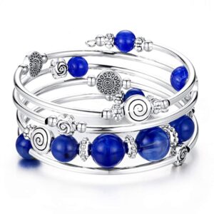 bulinlin bead wrap bangle pearl bracelet - silver metal bracelet gifts for women(02-blue)