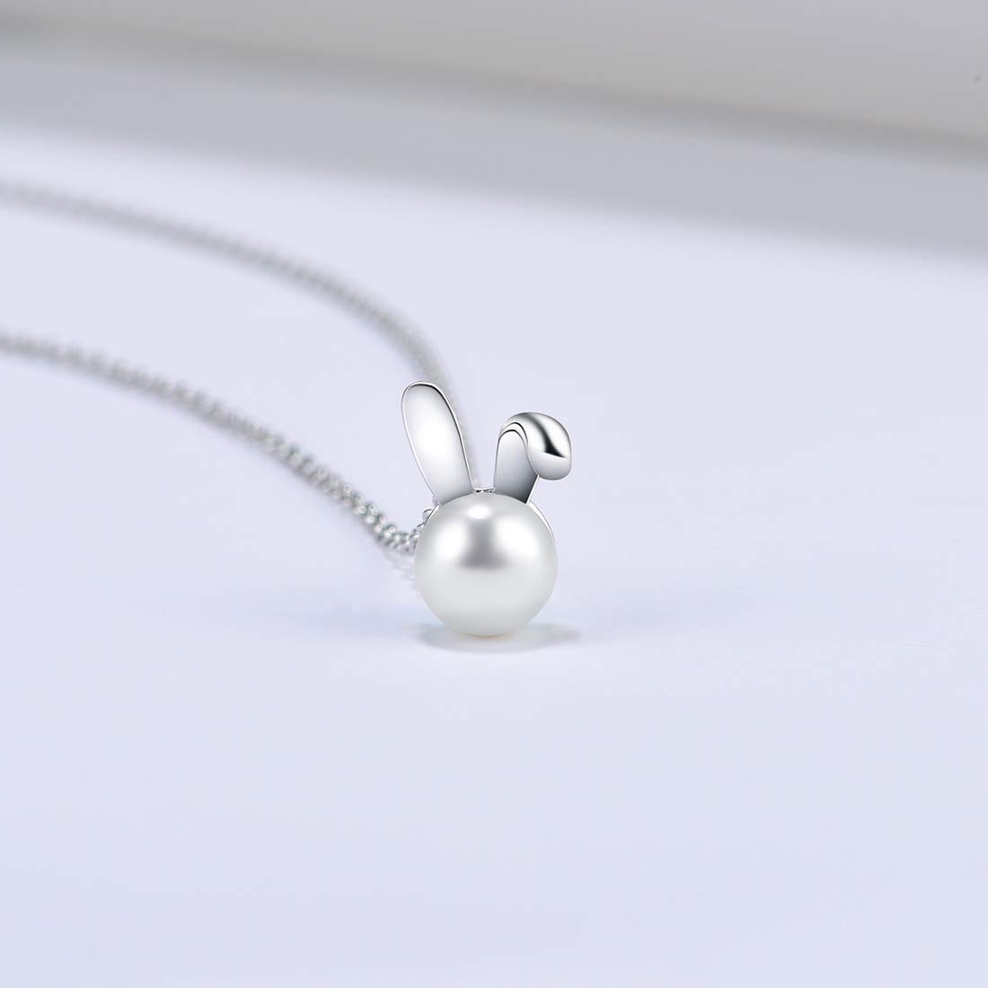 Easter Gift | Sterling Silver Freshwater Pearl Necklace Cute Small Rabbit Pendant Necklace Fine Jewelry for Women 16"+2" Extender