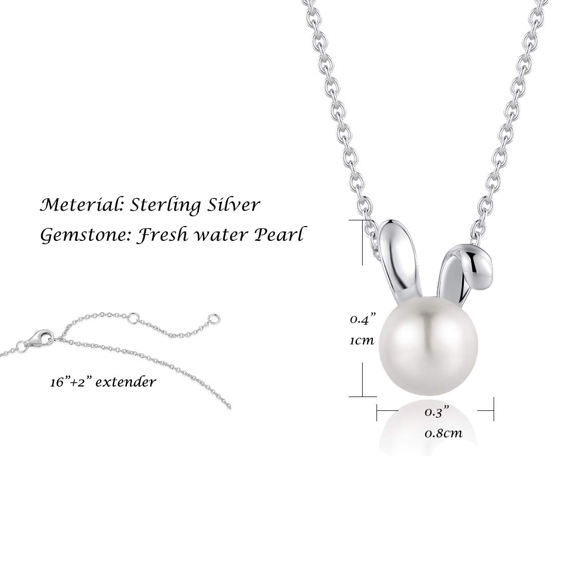 Easter Gift | Sterling Silver Freshwater Pearl Necklace Cute Small Rabbit Pendant Necklace Fine Jewelry for Women 16"+2" Extender