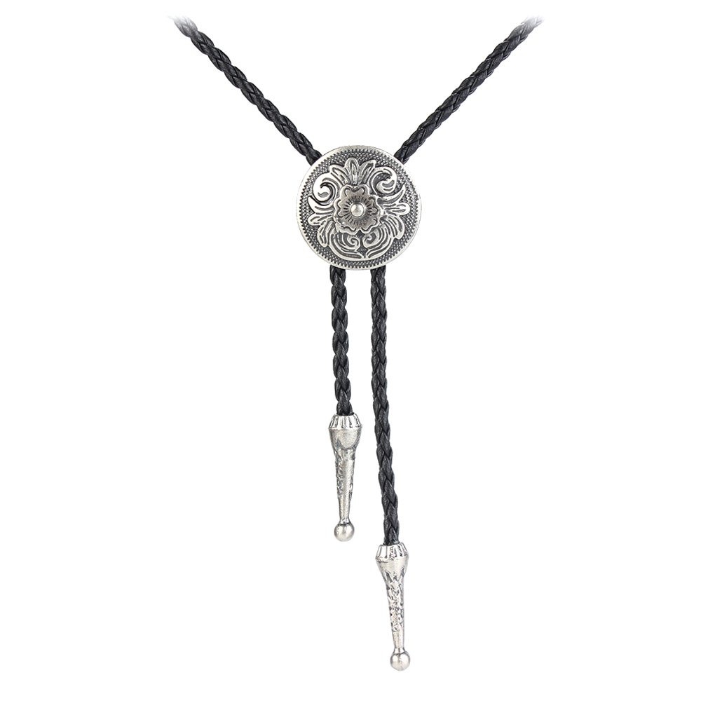 GelConnie Bolo Tie for Men Women Western Cowboy Necklace Mens Bolo Tie Silver Flower Rodeo Leather Necktie Bolo Necklace