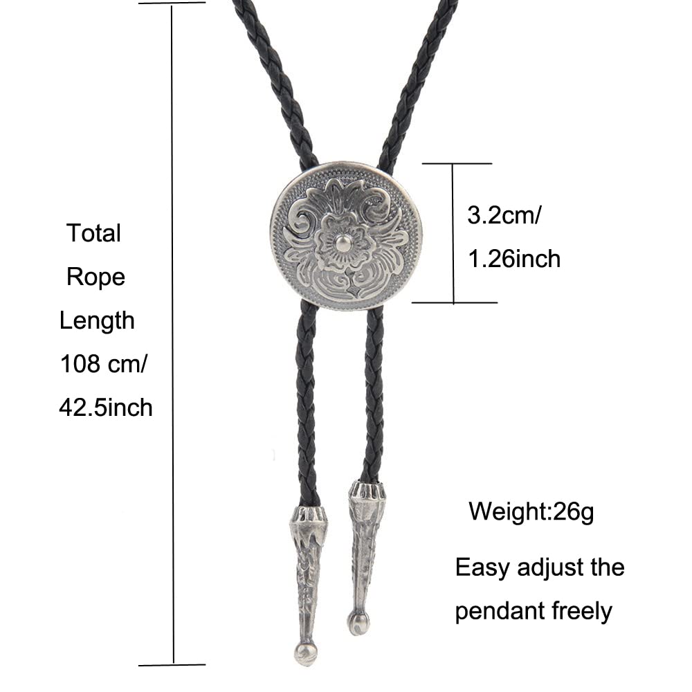 GelConnie Bolo Tie for Men Women Western Cowboy Necklace Mens Bolo Tie Silver Flower Rodeo Leather Necktie Bolo Necklace