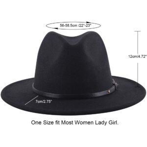 Lanzom Womens Classic Wide Brim Floppy Panama Hat Belt Buckle Wool Fedora Hat (One Size, Black)