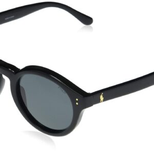 Polo Ralph Lauren PH4149 Round Sunglasses, Shiny Black/Grey, 49 mm