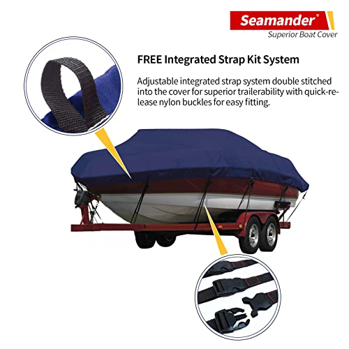 Seamander Heavy Duty Polyester Boat Cover, Solution-dyed Yarn Marine Grade,Waterproof Fits Bass Boat, V-Hull Tri-Hull Boat,Fish & Ski Boat, Runabout Bowrider Boat, 14' 15' 16' Length 90' Width