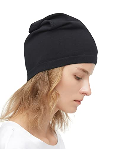 LilySilk 100% Silk Knitted Slouchy Beanie Breathable Thin Women Men Stretch Skull Cap Soft Comfortable (Black, Normal Women Size)