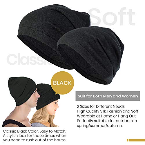 LilySilk 100% Silk Knitted Slouchy Beanie Breathable Thin Women Men Stretch Skull Cap Soft Comfortable (Black, Normal Women Size)