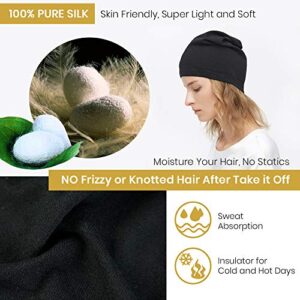 LilySilk 100% Silk Knitted Slouchy Beanie Breathable Thin Women Men Stretch Skull Cap Soft Comfortable (Black, Normal Women Size)