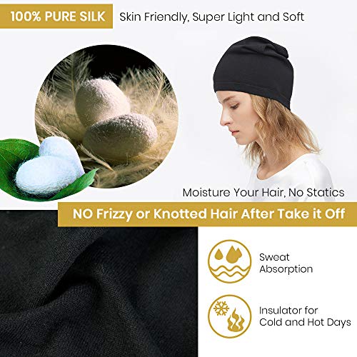 LilySilk 100% Silk Knitted Slouchy Beanie Breathable Thin Women Men Stretch Skull Cap Soft Comfortable (Black, Normal Women Size)