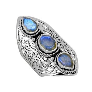 YoTreasure Labradorite Solid 925 Sterling Silver 3 Stone Ring