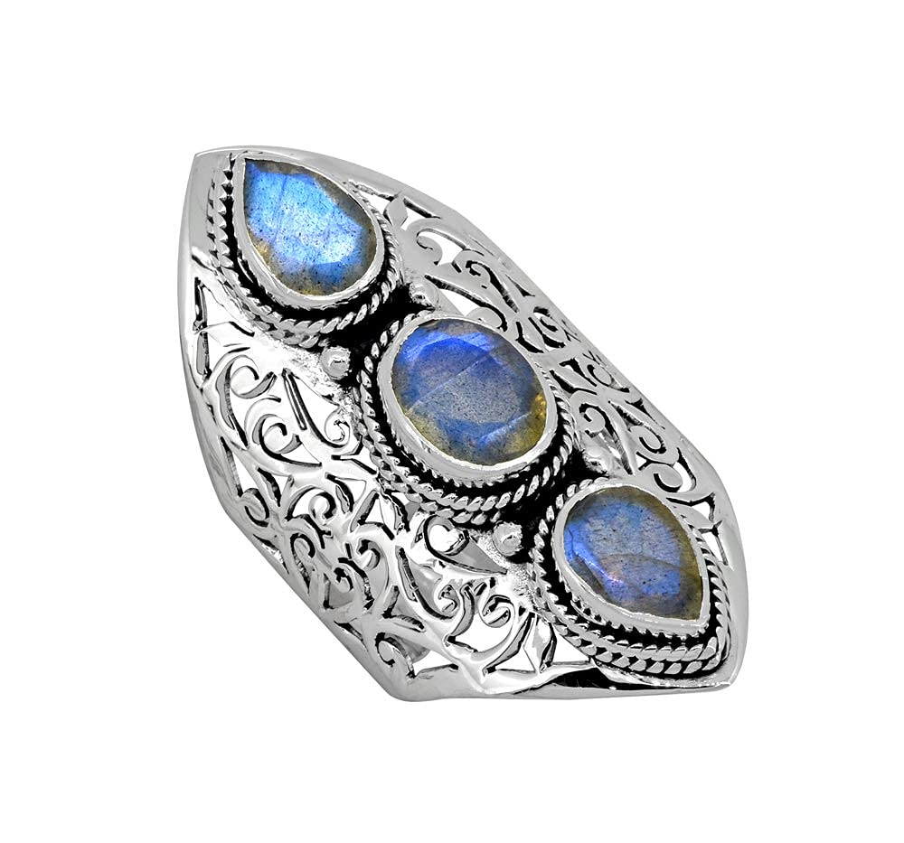 YoTreasure Labradorite Solid 925 Sterling Silver 3 Stone Ring