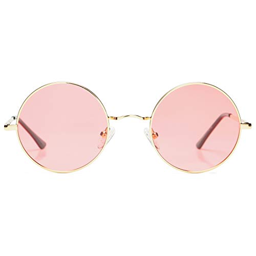 COASION Retro Small Round Polarized Sunglasses for Women Men Circle UV400 Sun Glasses (Gold Frame/Clear Pink Lens)