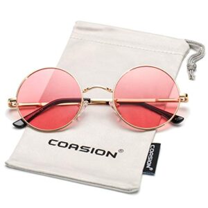 COASION Retro Small Round Polarized Sunglasses for Women Men Circle UV400 Sun Glasses (Gold Frame/Clear Pink Lens)