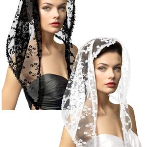 Boao 2 Pieces 1950s Retro Lace Scarf Triangle Neck Scarf Embroidered Lace Wrap Hair Wrap for Women (Stylish)