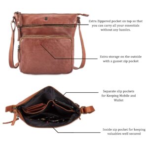 Crossbody Bags for Women Real Leather Purse Handmade Vintage Crossover Shoulder Pocketbook (Cognac Washed Vintage)