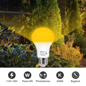 2 Pack LED Dusk to Dawn A19 Bug Light Bulbs - Yellow Bulb, Amber Light, Automatic Sensor Bulb, LED Porch Lights, Security Outdoor Bulb, Auto On/Off, 2000K E26 40W Equivalent Katalamp