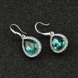 Teardrop Austrian Crystal Halo Dangle Earrings for Women 14K Gold Plated Hypoallergenic Jewelry (Green)