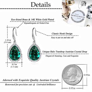 Teardrop Austrian Crystal Halo Dangle Earrings for Women 14K Gold Plated Hypoallergenic Jewelry (Green)