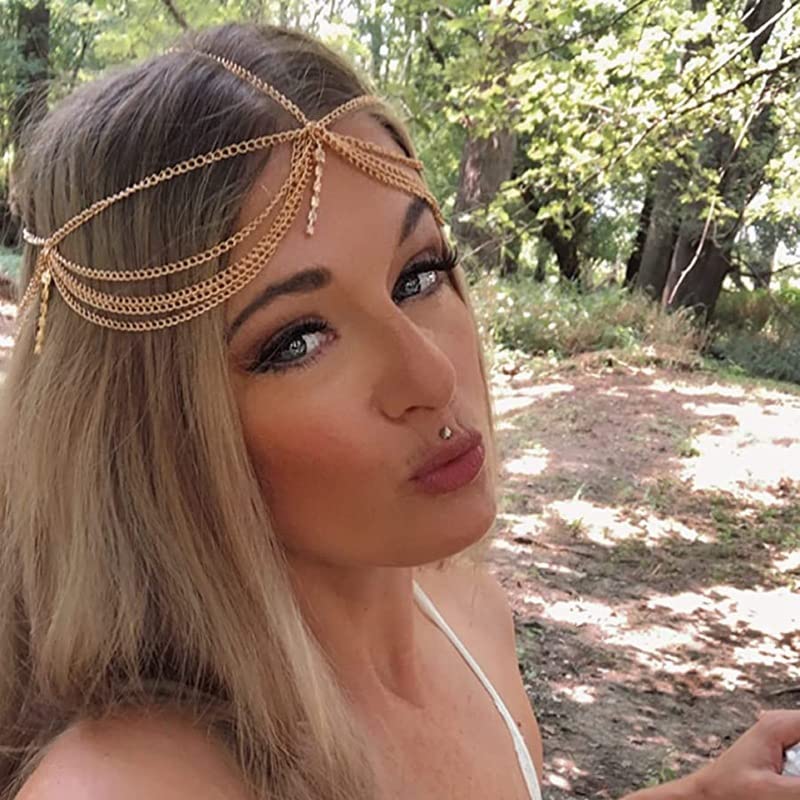 Catery Gold Hair Chain Jewelry Bride Wdedding Headbands Tassels Boho Headpiece Head Chain Rhinestones Hair Jewelry Spring Summer Christmas Head Chain for Women