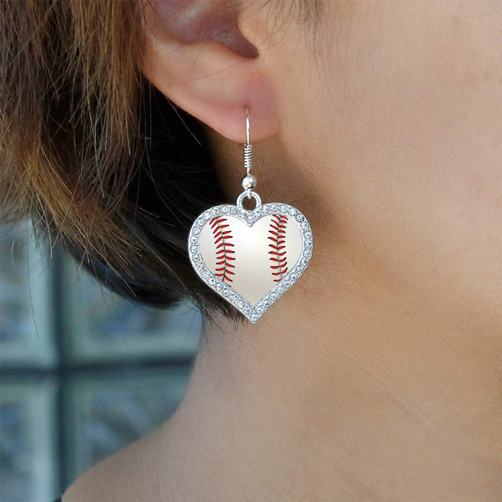 Inspired Silver - Baseball Charm Earrings for Women - Silver Open Heart Charm French Hook Drop Earrings with Cubic Zirconia Jewelry