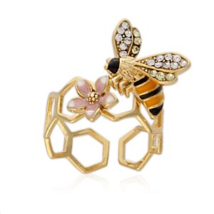 laonato epoxy honeybee and flower ring plated brass adjustable size (gold)