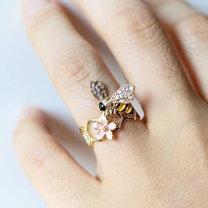 LAONATO Epoxy Honeybee and Flower Ring Plated Brass Adjustable Size (Gold)