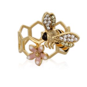 LAONATO Epoxy Honeybee and Flower Ring Plated Brass Adjustable Size (Gold)