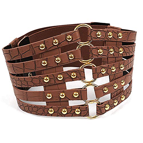 U Scinan Hollow Out Rivets Cinch Belt Tied Corset Elastic Wide Waist Belt Underbust Waistband Dark Brown