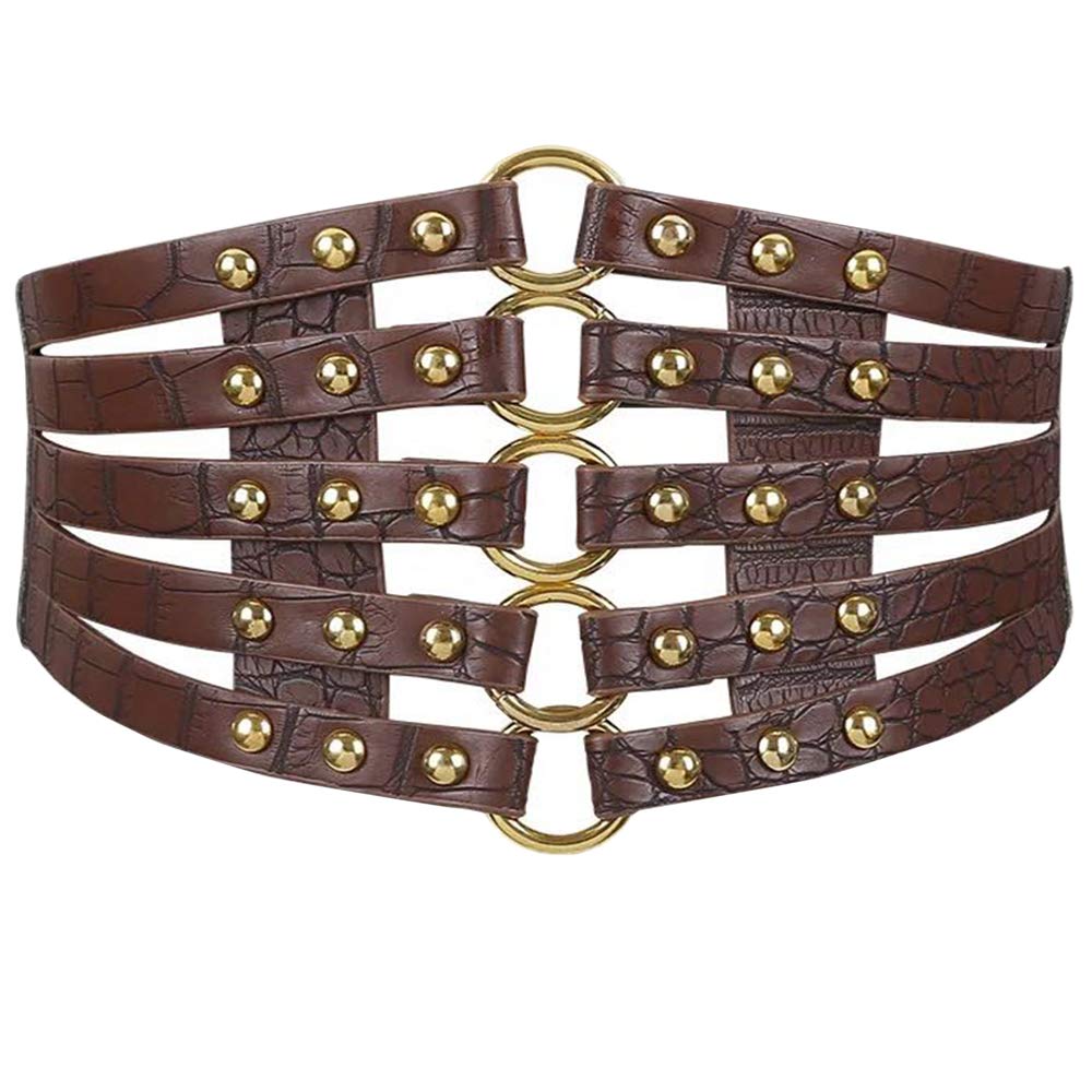 U Scinan Hollow Out Rivets Cinch Belt Tied Corset Elastic Wide Waist Belt Underbust Waistband Dark Brown