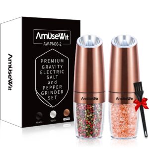 amusewit gravity electric pepper and salt grinder set [white light] battery operated automatic pepper and salt mills with light,adjustable coarseness,one handed operation,copper