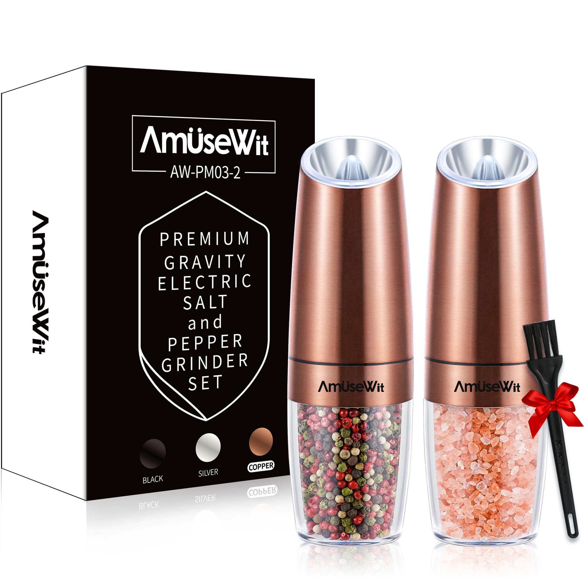 AmuseWit Gravity Electric Pepper and Salt Grinder Set [White Light] Battery Operated Automatic Pepper and Salt Mills with Light,Adjustable Coarseness,One Handed Operation,Copper