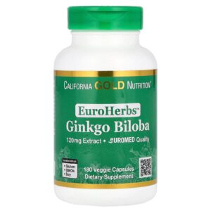 ginkgo biloba extract, euroherbs, supports cognitive health, standardized to 22% flavone glycosides, 5% terpene lactones, 120 mg, 180 veggie capsules