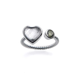 DUOVEKT Natural Gibeon Iron Meteorite Ring 925 Sterling Silver Women Men Heart Moldvite 10x9mm Beads Adjustable Ring