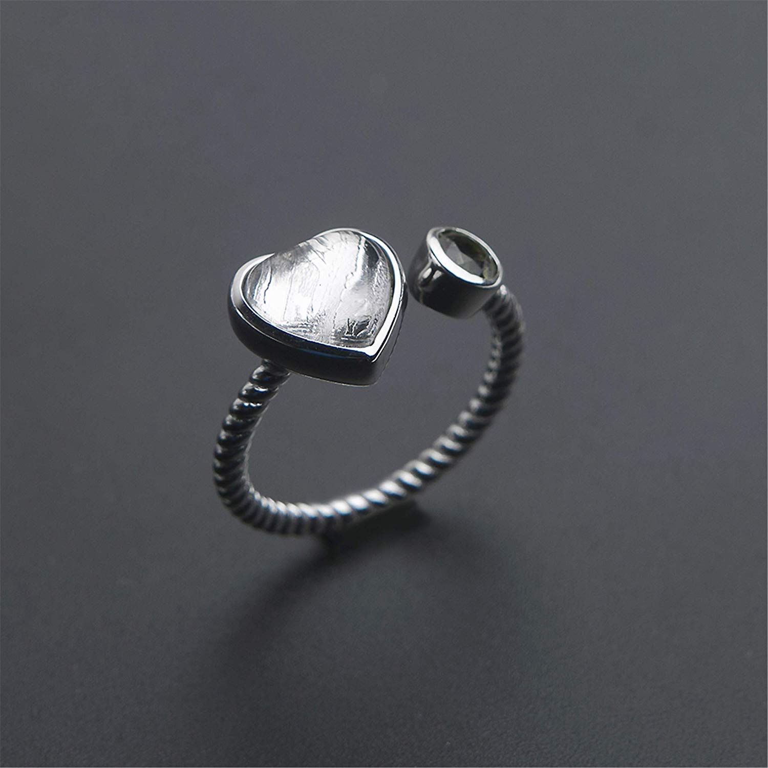 DUOVEKT Natural Gibeon Iron Meteorite Ring 925 Sterling Silver Women Men Heart Moldvite 10x9mm Beads Adjustable Ring