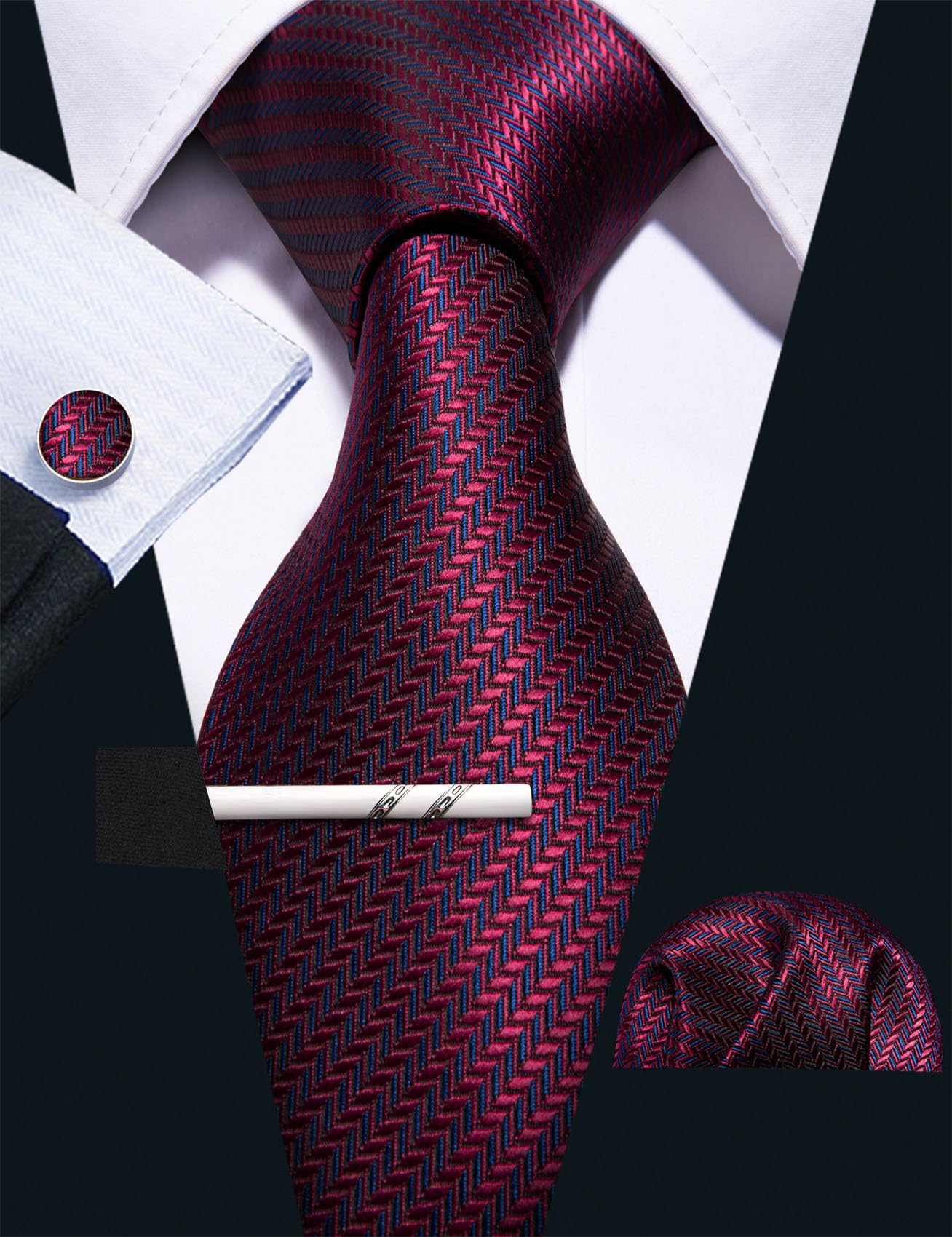 Barry.Wang Mens Stripe Plaid Tie Set with Pocket Square Cufflink Tie Clip Necktie Business Wedding 6PC