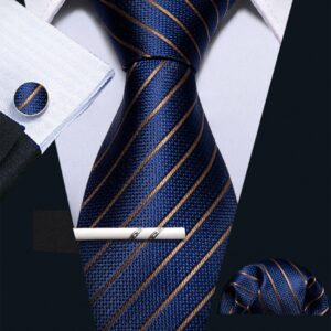 Barry.Wang Mens Stripe Plaid Tie Set with Pocket Square Cufflink Tie Clip Necktie Business Wedding 6PC