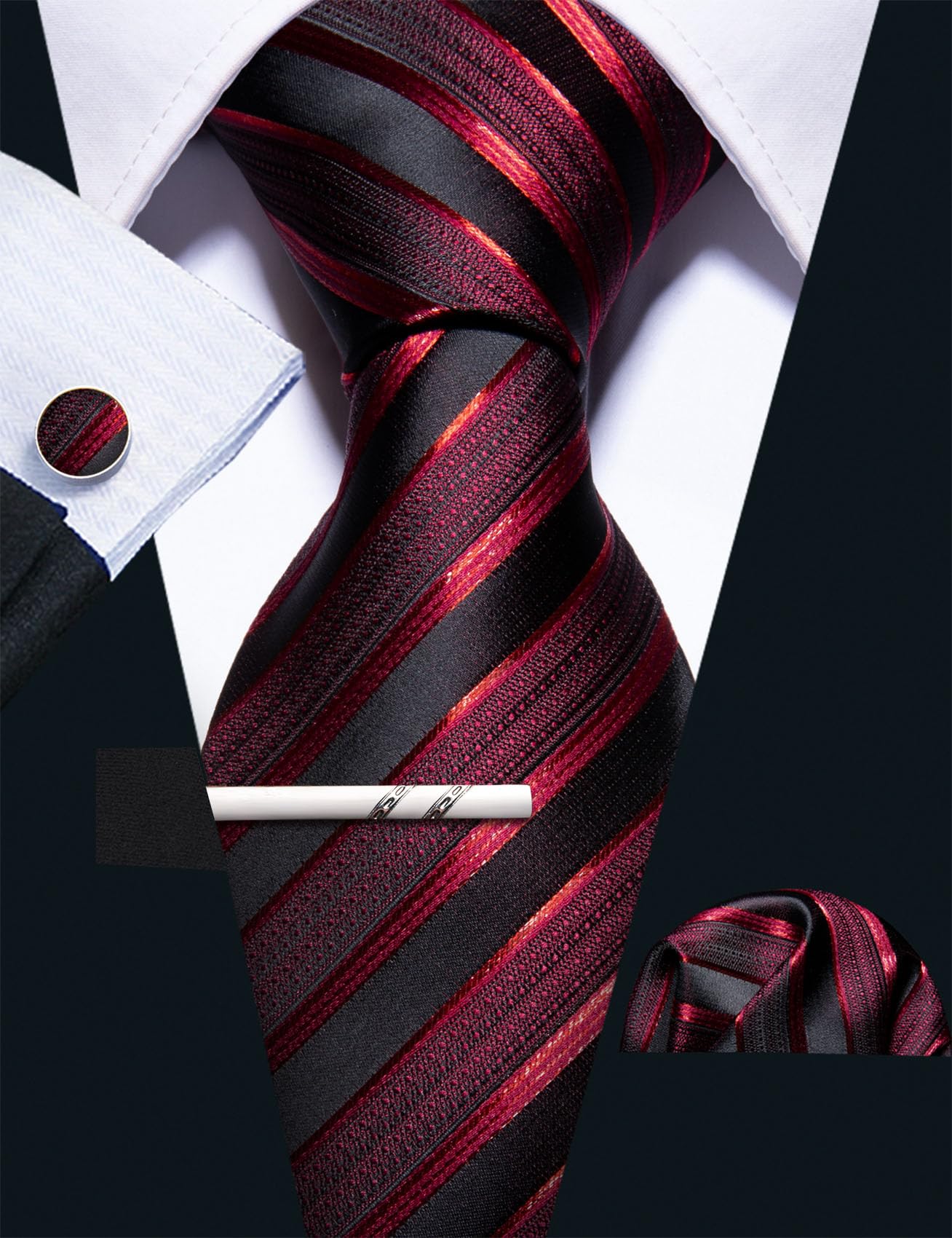 Barry.Wang Mens Stripe Plaid Tie Set with Pocket Square Cufflink Tie Clip Necktie Business Wedding 6PC