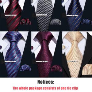 Barry.Wang Mens Stripe Plaid Tie Set with Pocket Square Cufflink Tie Clip Necktie Business Wedding 6PC