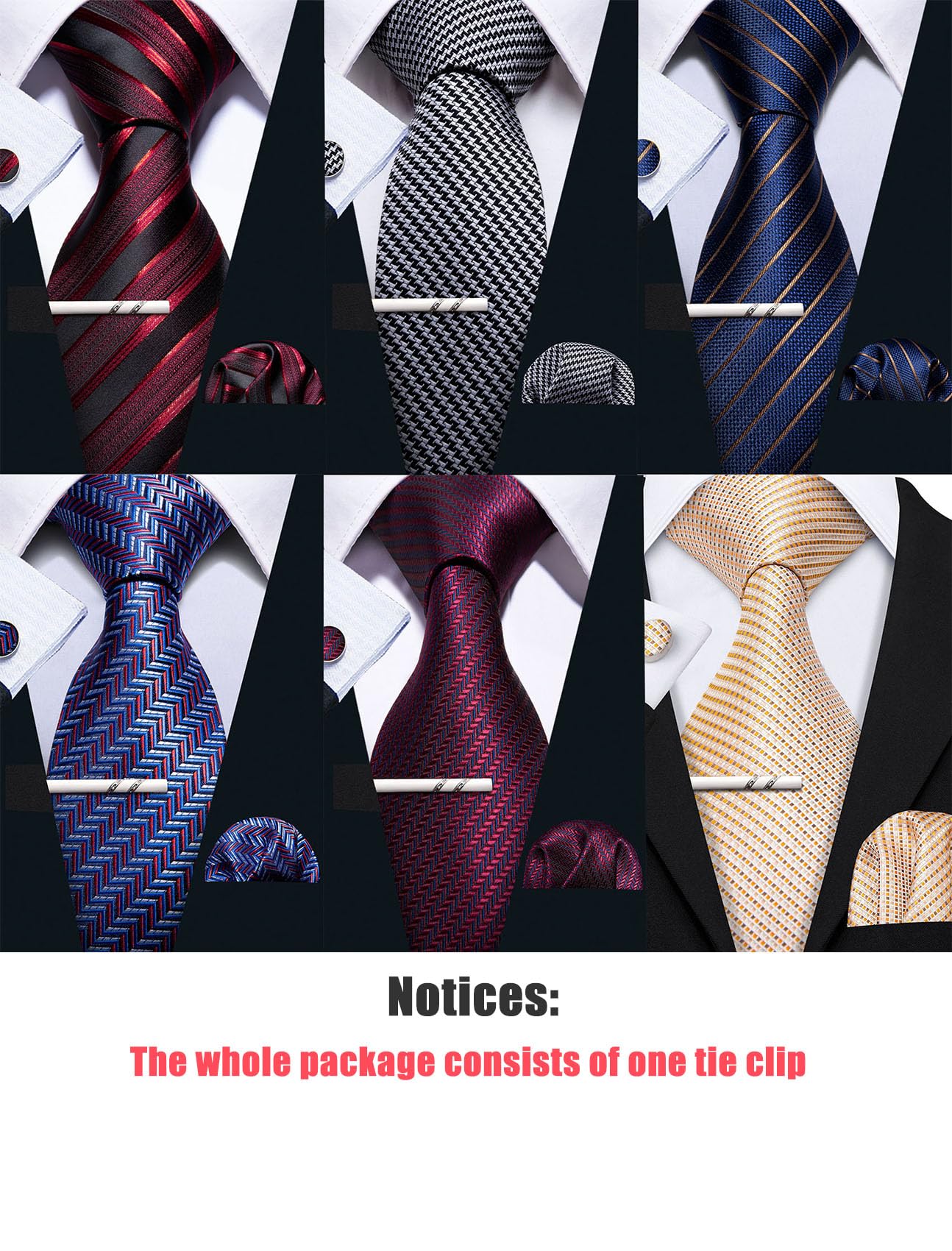 Barry.Wang Mens Stripe Plaid Tie Set with Pocket Square Cufflink Tie Clip Necktie Business Wedding 6PC