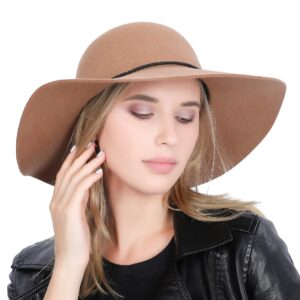 Lanzom Women Lady Retro Wide Brim Large Floppy Panama Hat Belt Wool Fedora Hat (Khaki, One Size)