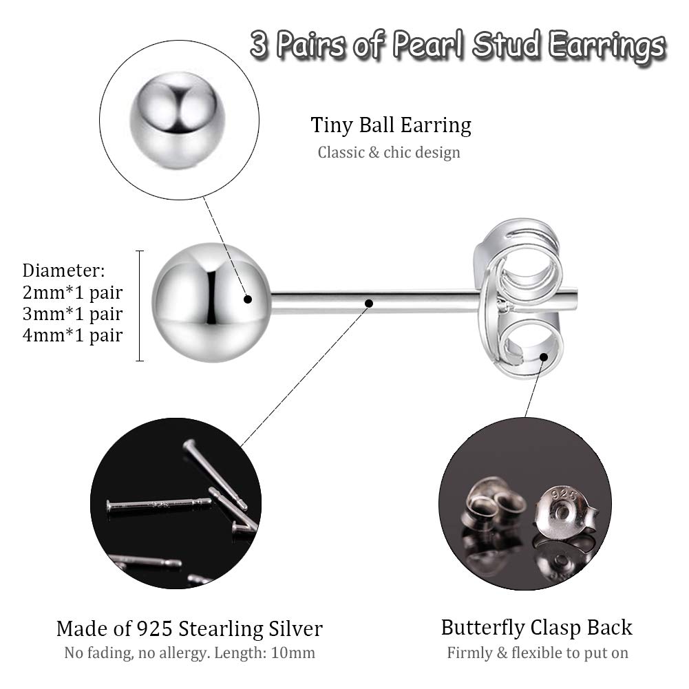 EPIRORA Sterling Silver Stud Earrings for Women- 3 Pairs Tiny Ball Stud Earrings Round CZ Cubic Zirconia Earrings Pearl Earrings Set Cartilage Small Tragus Earrings(2mm,3mm,4mm)