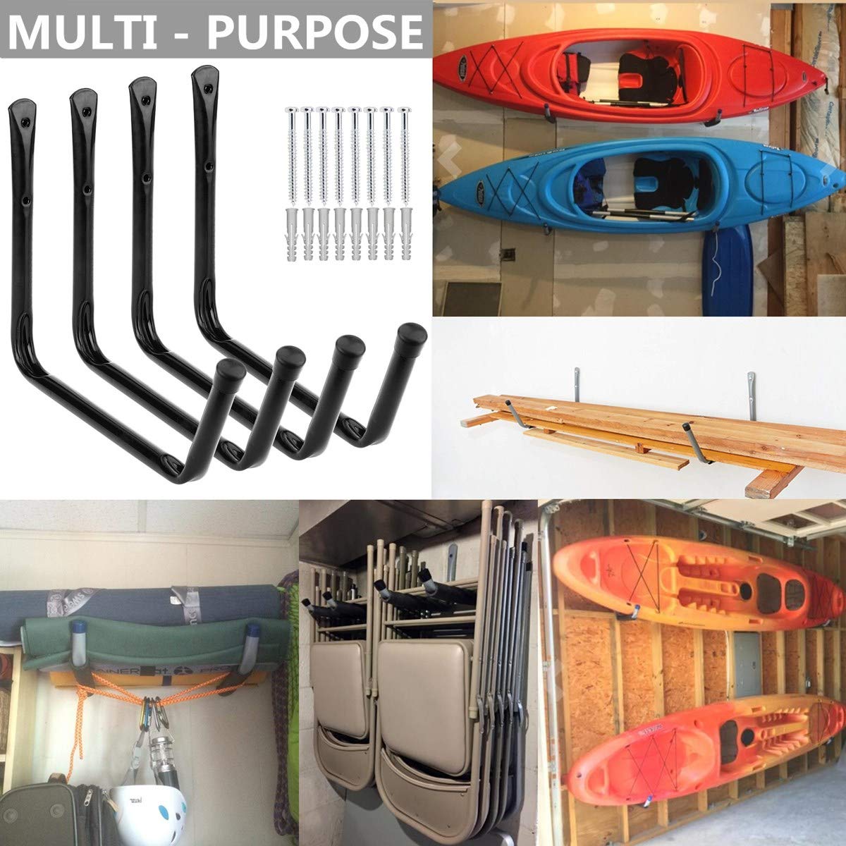 Yisunnan Kayak Storage Utility Rack, Heavy Duty Garage Hangers, Wall Mount or Dock Hanging Hooks for Canoe,Paddle Board,Surfboard,Snow Board,Ladder (4 Pack Black 15.4" Hook)