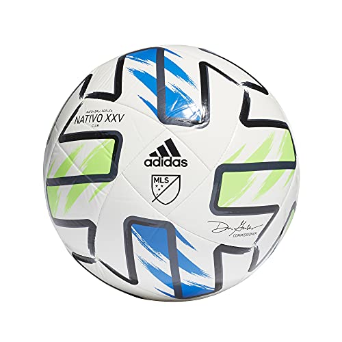 adidas Unisex-Adult MLS Nativo XXV Club Ball, White/Solar Green/Glory Blue/Black, 4