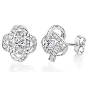 mdfun love knot earrings 18k white gold plated flower stud earrings for women cubic zirconia earrings