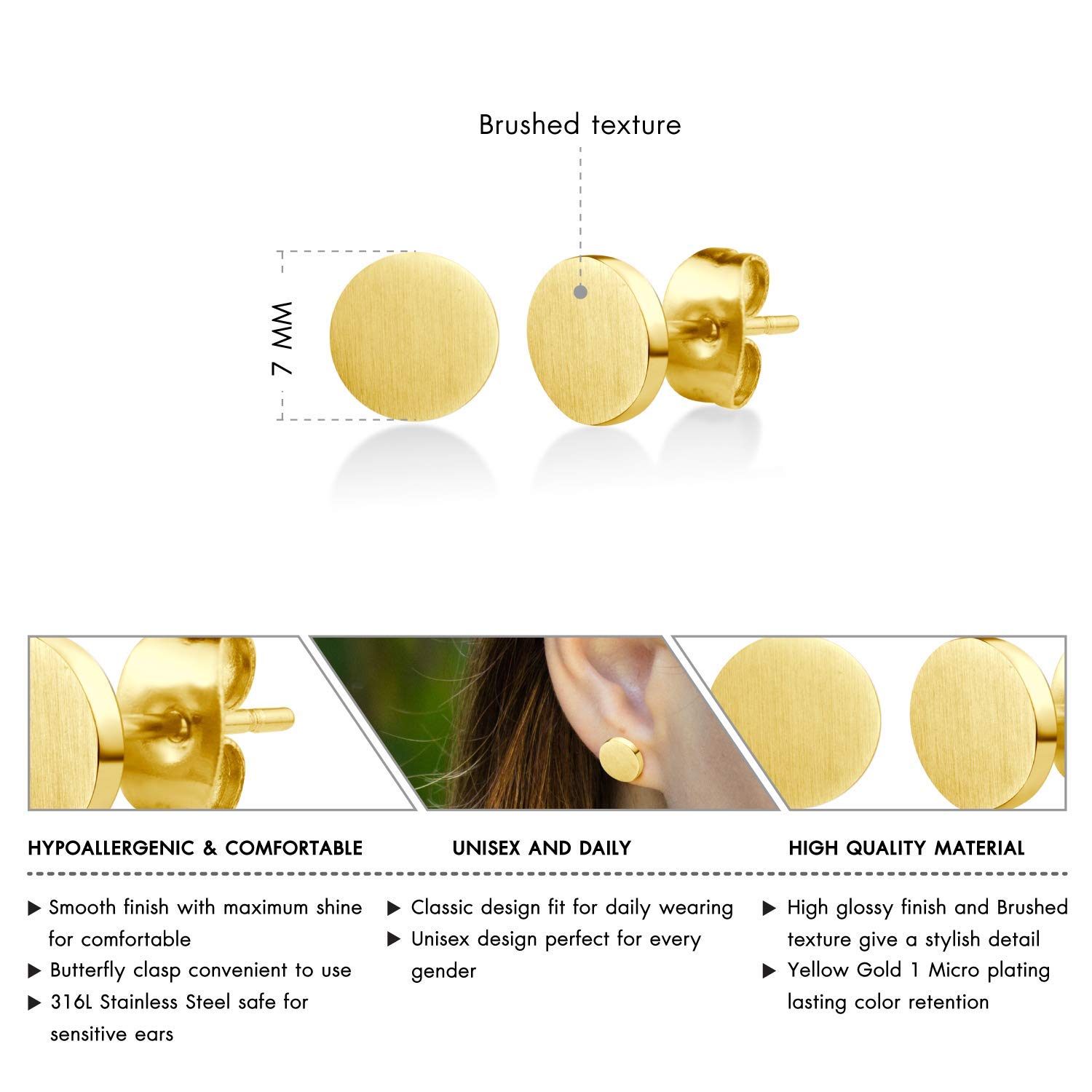 555Jewelry Womens Stainless Steel Hypoallergenic Minimal Matte Circle Disc Tiny Dot Flat Round Minimalist Stud Everyday Wear Screw Back Piercing Fashion Accessory Jewelry Earrings, Yellow Gold