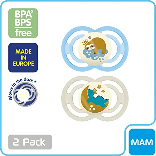 MAM Perfect Night Baby Pacifier, Patented Nipple, Glows in the Dark, 2 Pack, 16+ Months, Blue/Boy,2 Count (Pack of 1)