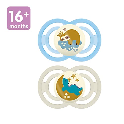 MAM Perfect Night Baby Pacifier, Patented Nipple, Glows in the Dark, 2 Pack, 16+ Months, Blue/Boy,2 Count (Pack of 1)