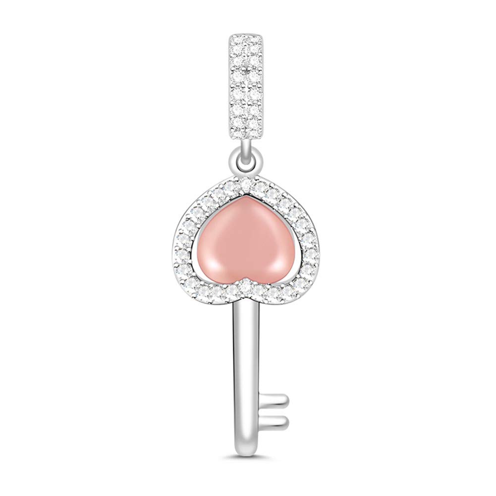 GNOCE Key Pendant Charms 925 Sterling Silver Key to My Heart Pendant with 18K Rose Gold Plated Heart Fit All Bracelet Necklace Women Gifts