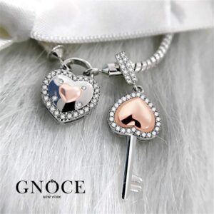 GNOCE Key Pendant Charms 925 Sterling Silver Key to My Heart Pendant with 18K Rose Gold Plated Heart Fit All Bracelet Necklace Women Gifts