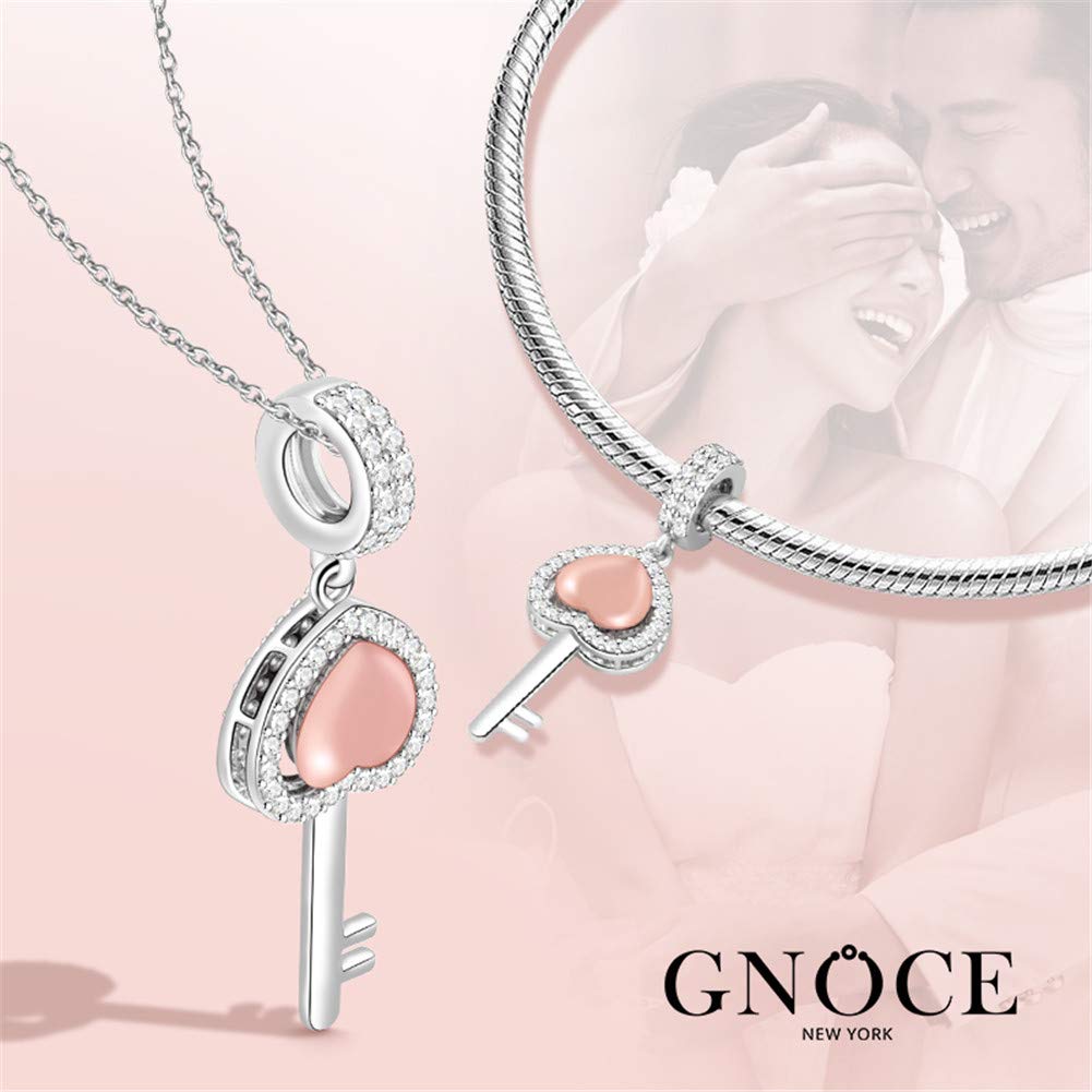 GNOCE Key Pendant Charms 925 Sterling Silver Key to My Heart Pendant with 18K Rose Gold Plated Heart Fit All Bracelet Necklace Women Gifts