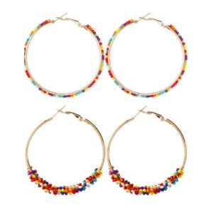 2 pairs bohemian colorful beads circle round hoop earrings gold hoop dangle earrings for women vintage boho jewelry-colorful